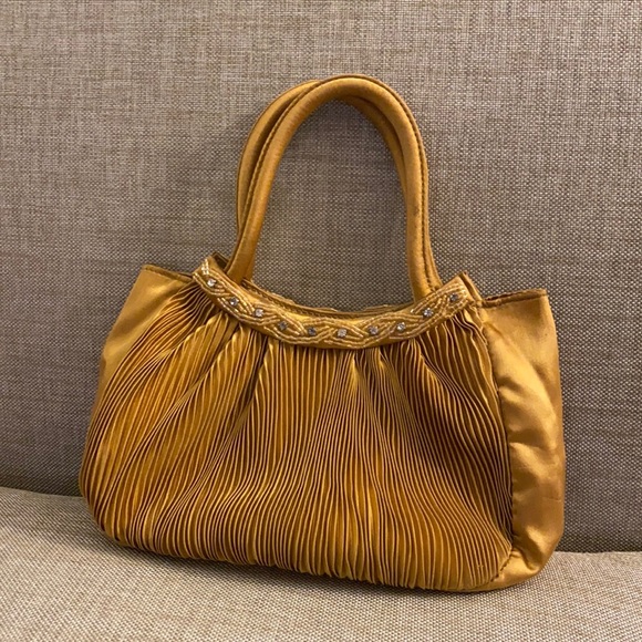 Menbur | Bags | Vintage Gold Satin Cloth Pleated Handbag Bejeweled Trim ...